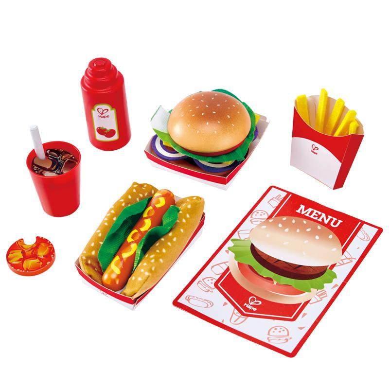 Hape Wooden Food Set - Simulated Hamburger, Fries & Fruit - Educational Toy