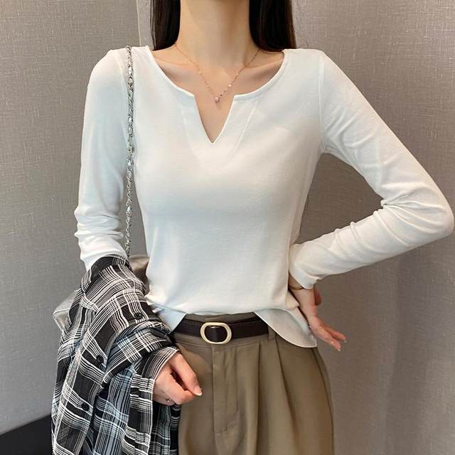 Simple pure cotton black small V -neck long sleeve t -shirt female ...