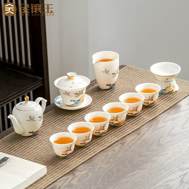 Gold inlaid jade, sheep fat porcelain lady exquisite high -end tea set ...