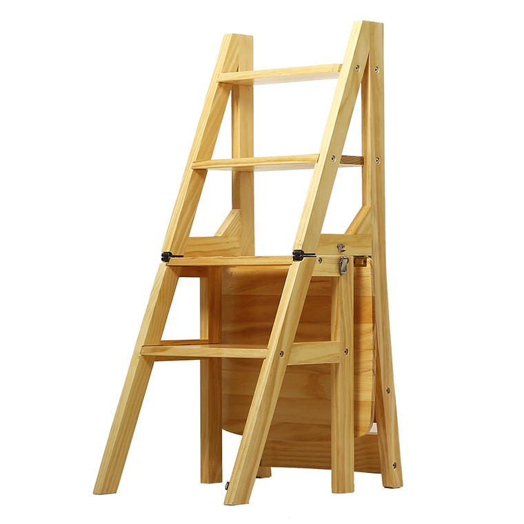Four step ladder - [pine wood version] light walnut color - four step ...