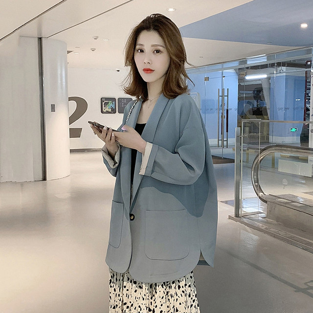 Smog blue suit jacket for women 2024 new style small loose casual suit ...