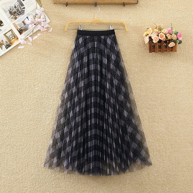 Laper grid gauze skirt female spring and summer retro high waist thin ...