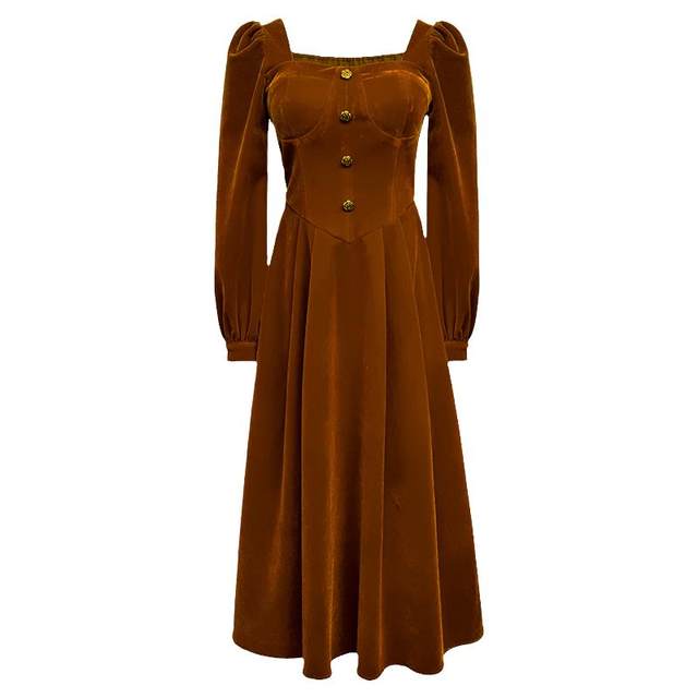 Deng Liuliu French retro gold velvet brown dress women's autumn elegant ...