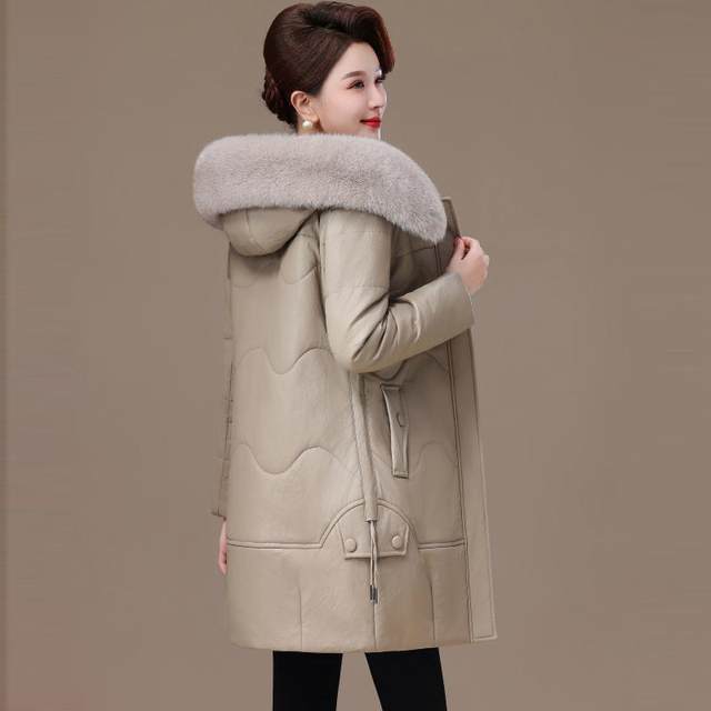 Haining leather down jacket female medium long size mothers wear leather jackets and velvet ...