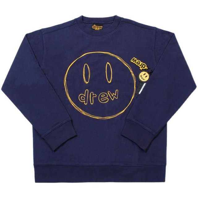 Drew smiley face embroidery hand-painted navy round neck sweatshirt ...