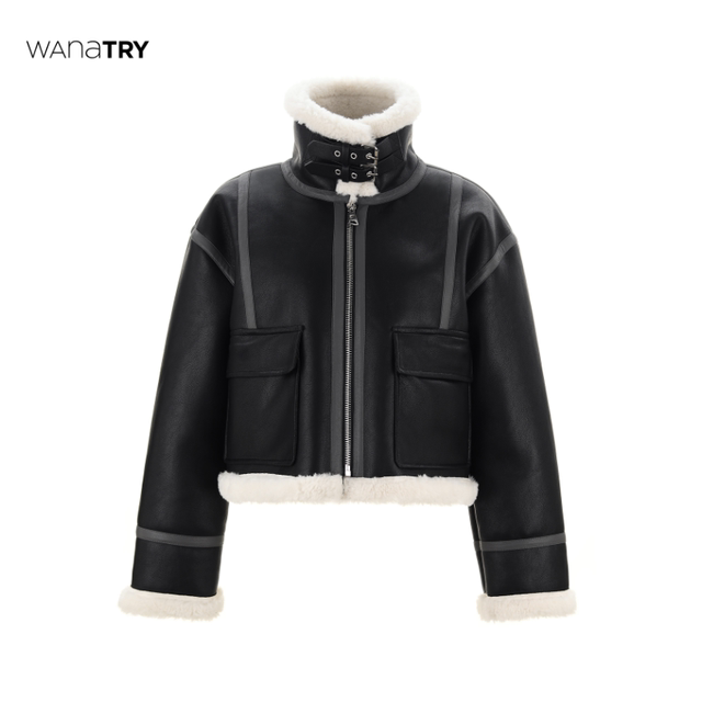 wana try coat warm women's autumn and winter new loose lapel splicing ...
