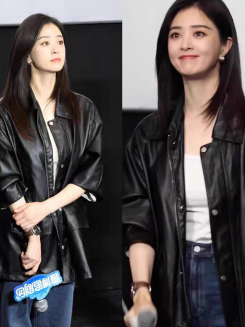 European alley, Jiang Xin, the same black leather suit retro port style ...