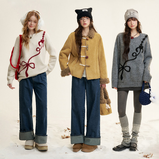IHDXD bow sweater/cuffed jeans/color button jacket