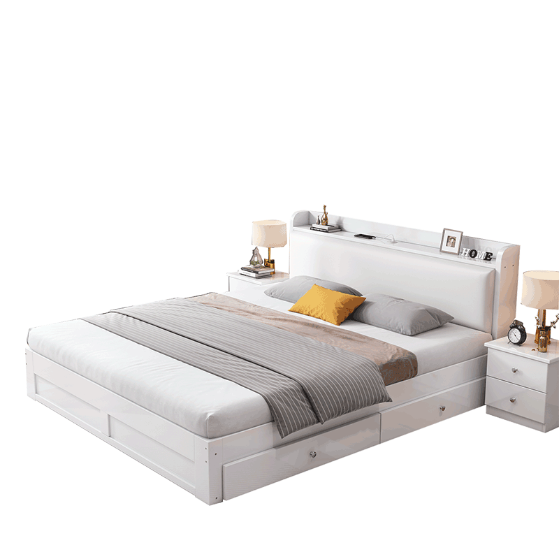 White bed solid wood bed modern simple storage bed home 1.5m double bed ...