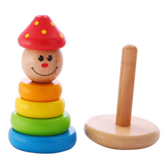 Mie lu Clown Tower 木製積み重ねおもちゃ - 虹色きのこ頭パズル