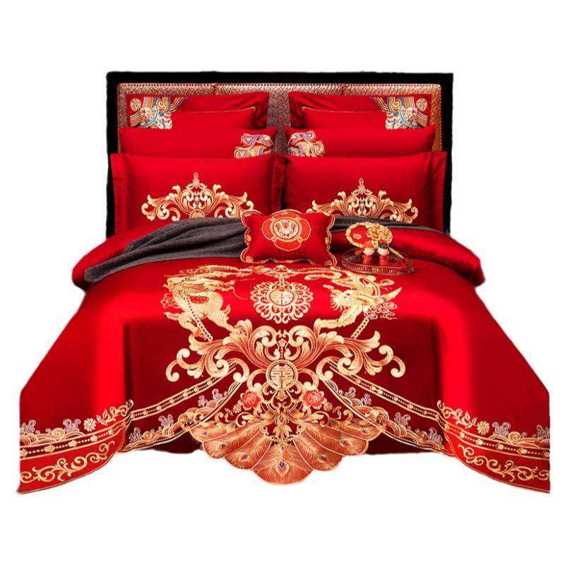 Pure Cotton Dragon and Phoenix Wedding Bedding Set - Embroidered Red ...