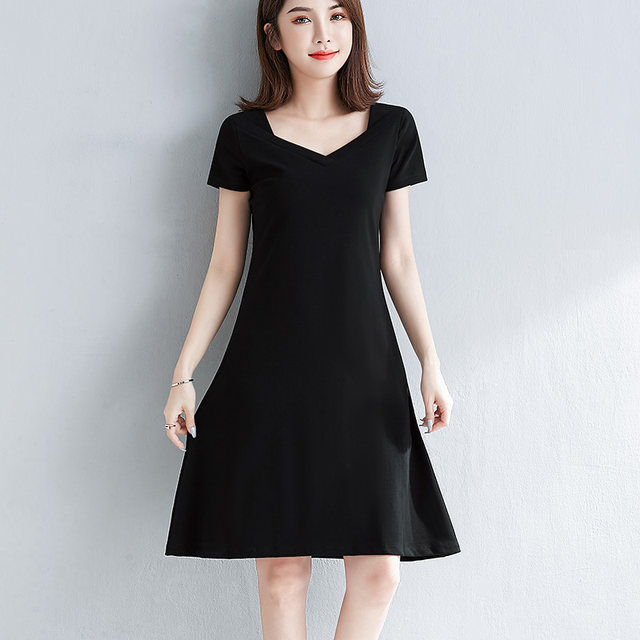 Black square V-neck short-sleeved dress for women in summer new style ...