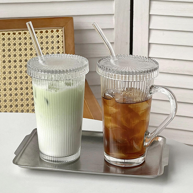 Vertical striped straw cup with lid, ins style high-looking glass water ...