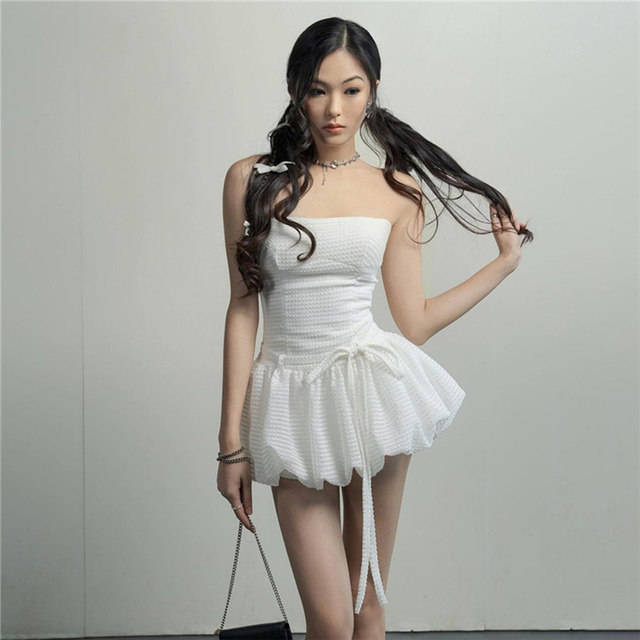 Weird girl sweet cool hot girl style solid color bow strap tube top ...