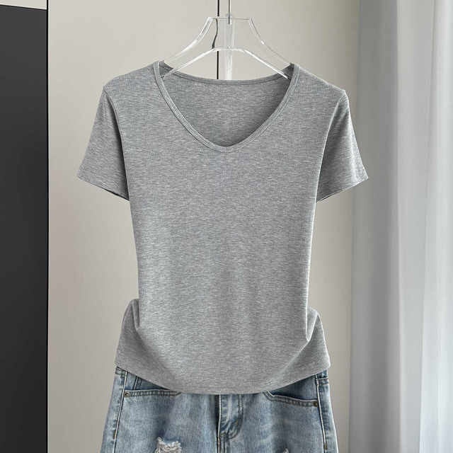 Positive shoulder short -sleeved T -shirt Women's summer V -neck thin ...