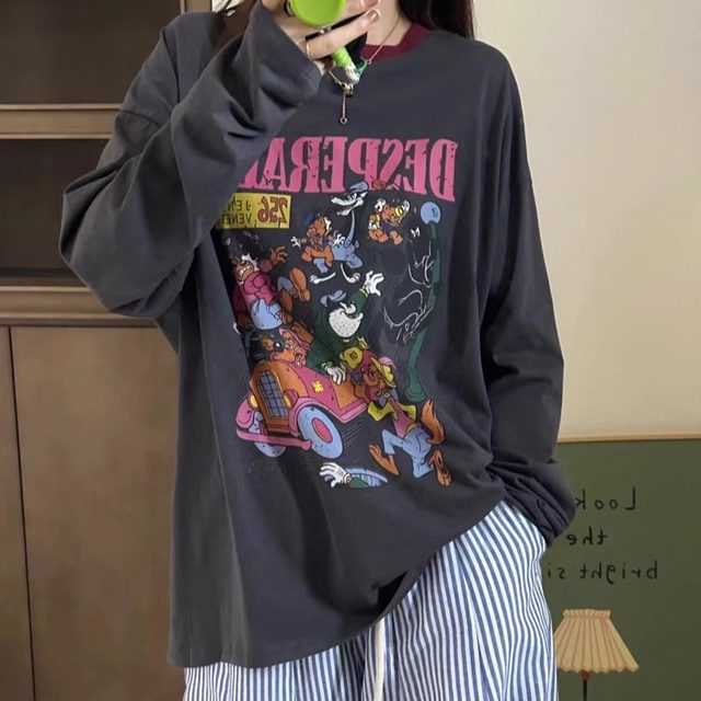 TP round neck letter cartoon pattern loose long-sleeved T-shirt ...