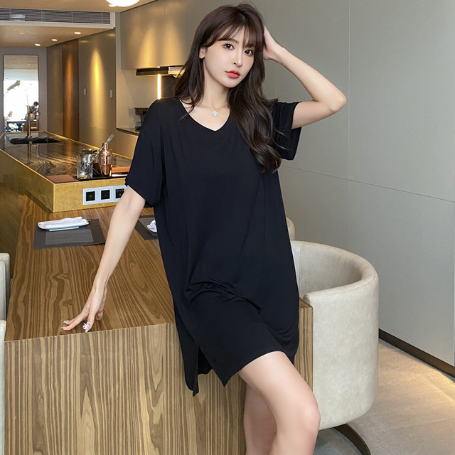 Padded nightgown for women summer short-sleeved modal summer sexy black large size pajamas women ...