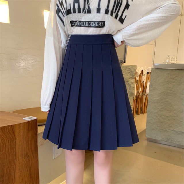 Blue suit pleated female middle -length spring and summer college wind high waist A -line skirt ...