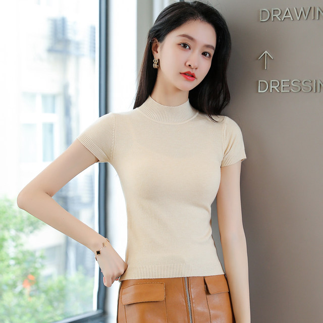 Half -high -necked thin knitted sweater female short -sleeved slim ...