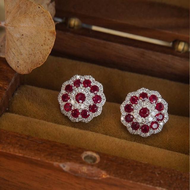 New S925 silver needle inlaid pigeon blood ruby snowflake earrings for ...