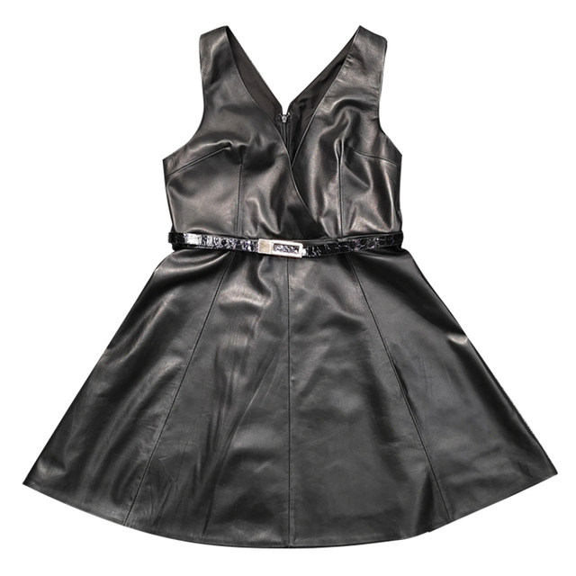 Haining autumn and winter new leather dress female sleeveless sheepskin V -neck strap mid ...