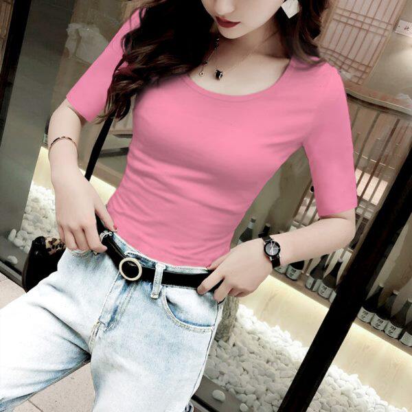 Pure cotton color pink mid -sleeved T -shirt bottoming shirt female ...