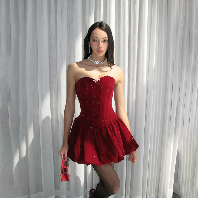 KLIOU light luxury retro high-end sparkling tube top dress feminine ...