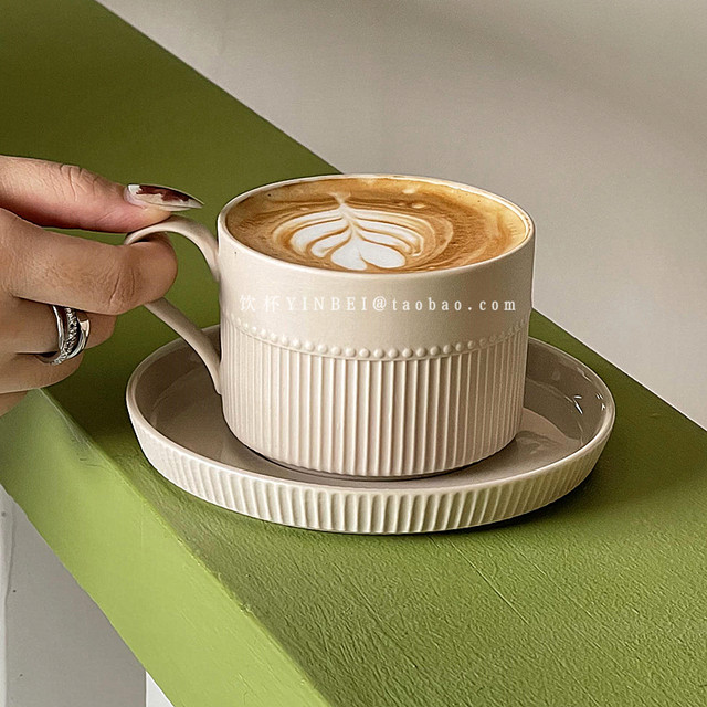 Niche design beige vertical striped coffee cup and saucer ins style ...