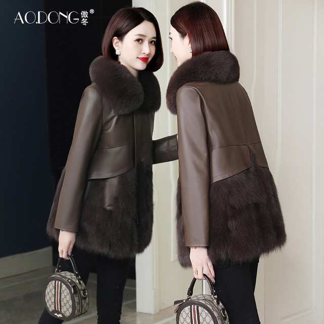 Haining genuine leather down jacket women's mid-length fox fur collar ...