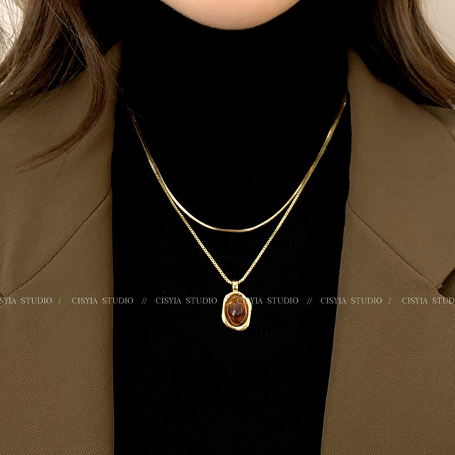 Popular caramel color stacked gold sweater necklace for women 2024 ...