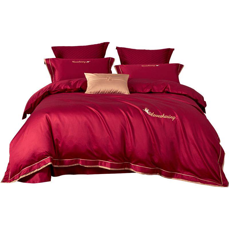Rolle Wedding Bedding Set - 6pc Red Satin with Geometric Pattern