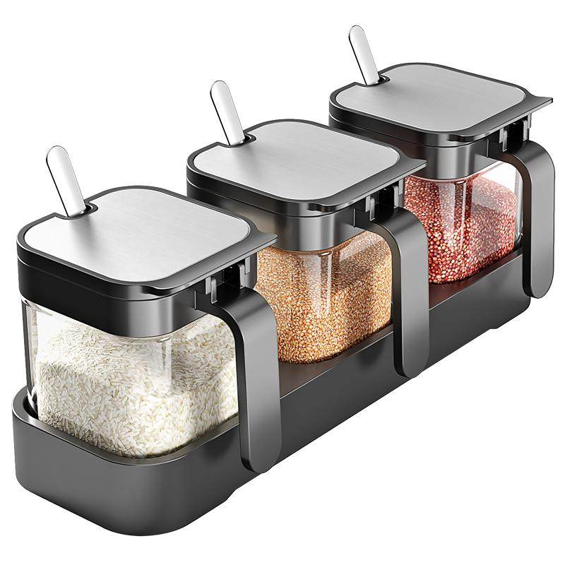Glass Seasoning Box Set - Salt Jar, Oil Bottle, MSG Kitchen Storage Rack