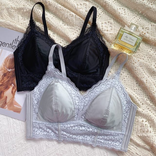 923 Satin Lace Spliced Beautiful Back Vest Bra V-shaped Side Collecting ...