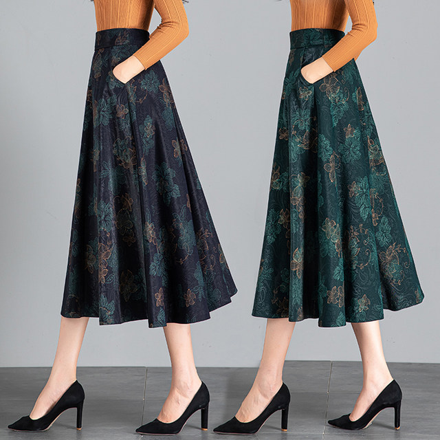 2024 spring and autumn new high -waisted half -body skirt female medium printed A -line ...