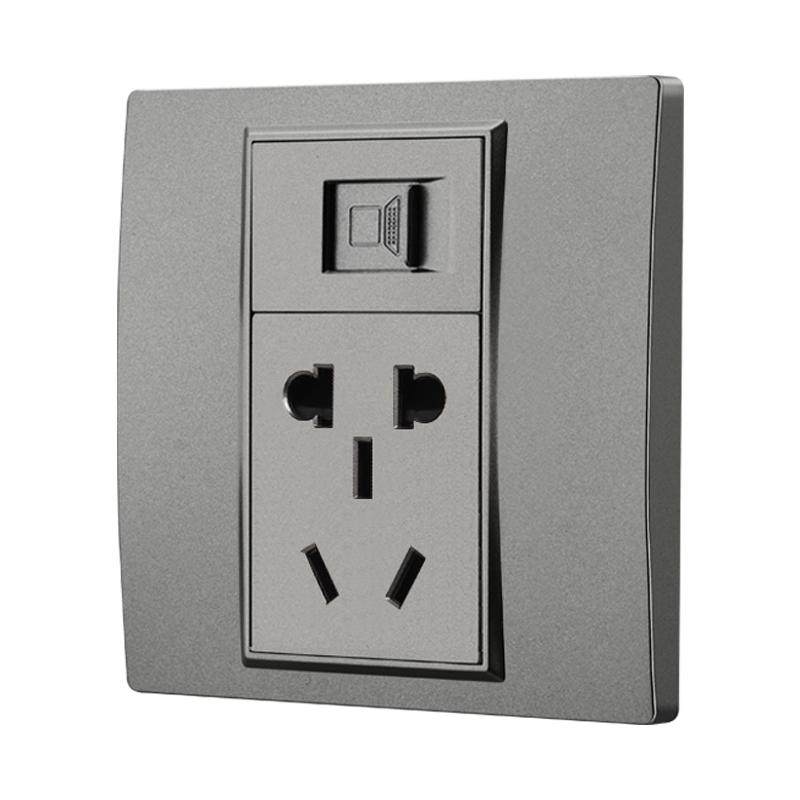 Type 86 Wall Network Cable and Power Socket Panel - Black Gray Gigabit ...
