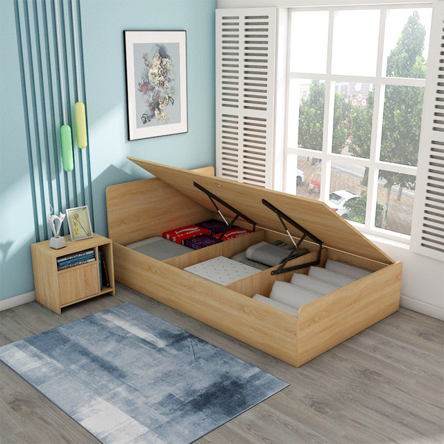 Small apartment tatami bed high -box storage air pressure rod supports ...