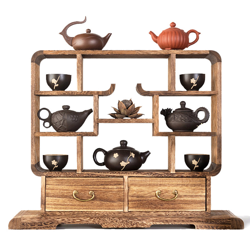 Solid Wood Chinese Tea Set Display Rack - Vintage Style