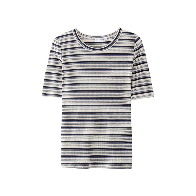 Guoxi custom French C Prussian blue stripe foundation white five -point sleeve slim thread T -shirt