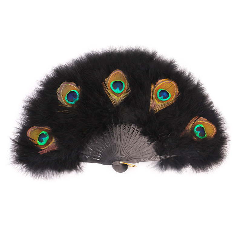 Han Element Black Peacock Feather Fan - Folding Catwalk Fan for Cheongsam