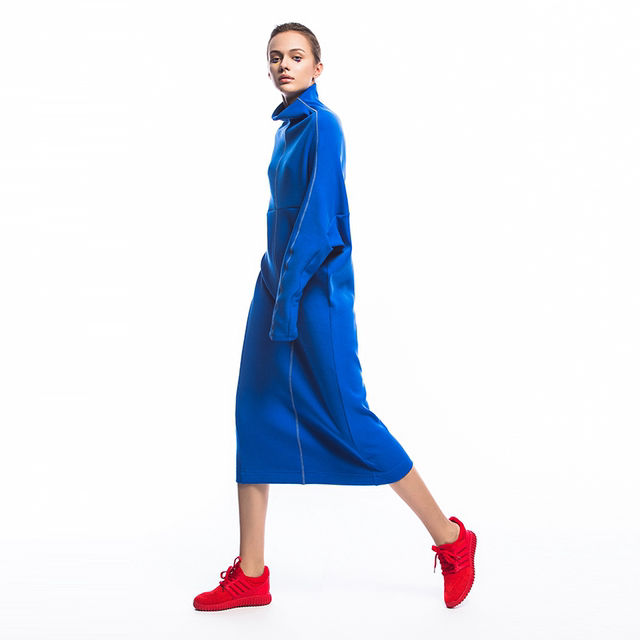 Fangcun original design high -neck dress in autumn and winter new blue ...