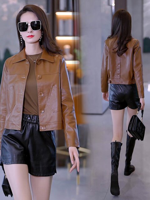 2024 new leather jacket outer set female short spring and autumn, thin ...