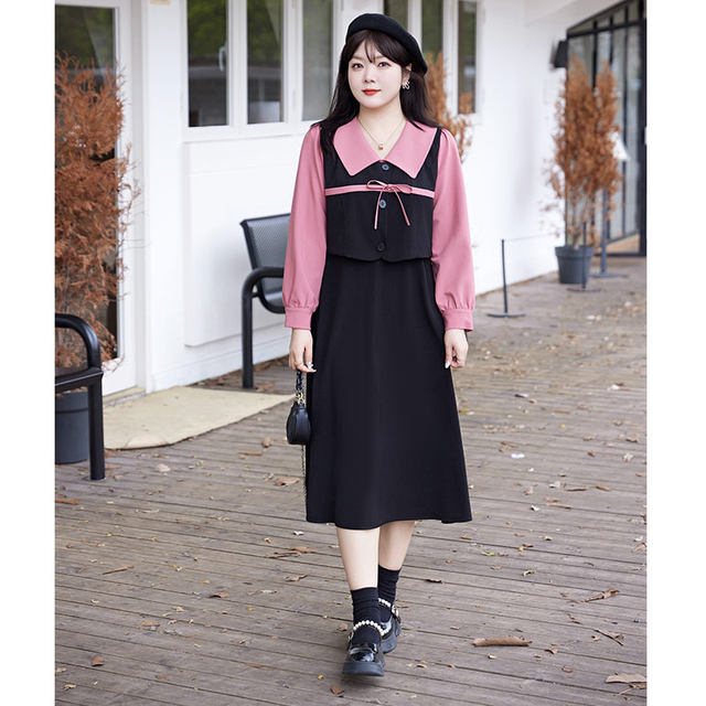 Large size women's stitching fake two -piece dressed dress in autumn new and thin younger sister ...