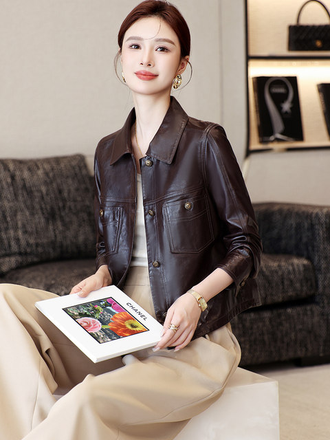 Senior sense of Haining leather leather clothing female short vegetable ...