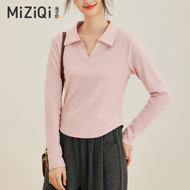 Mizi Banner Pink V -neck Sleeid T -shirt Female 2024 New Autumn Slim ...