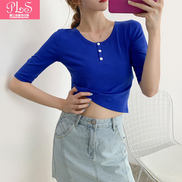 Spring and autumn new round neck slimming, short, short waist, five ...