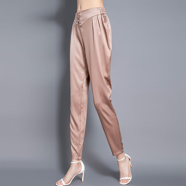 High -end real silk pants female pants high waist, thin silk satin, sag ...