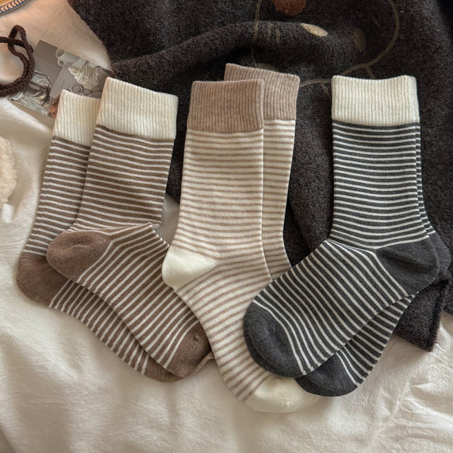 Socks that will pill, autumn and winter retro wool socks, striped mid ...