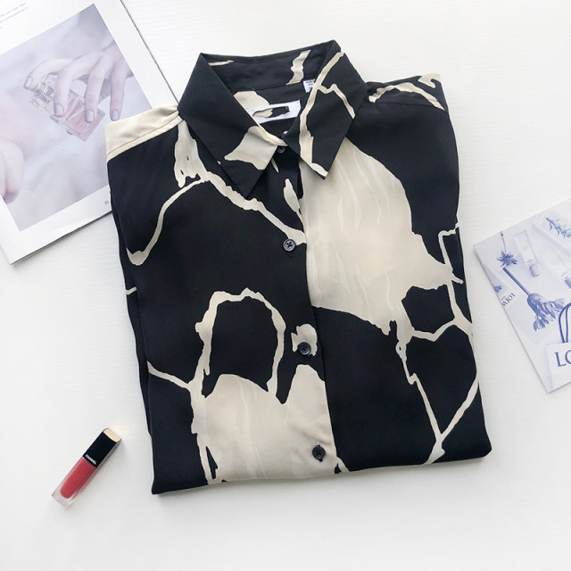 Summer new EQ abstract pattern irregular printed silk satin long shirt ...