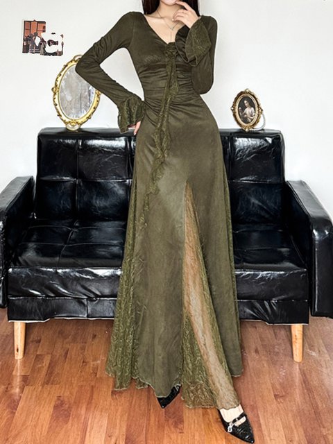 ROCKMORE three-dimensional rose V-neck streamer flared long sleeve lace ...