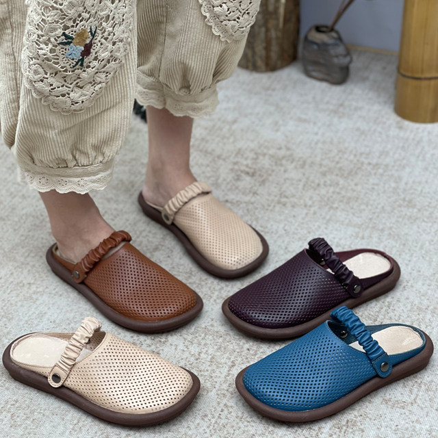 Handmade genuine leather retro hollow toe-cap slippers flat women's ...